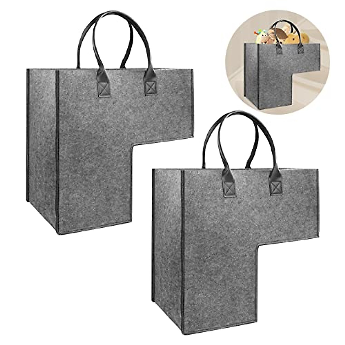 SMFANLIN 2Pcs Foldable L-Shape Stair Basket Organizer, Folding Fabric Staircase Storage Organizer with Faux Leather Handles, Large Stair Tidy Basket Bin for Laundry, Toys, Household Items