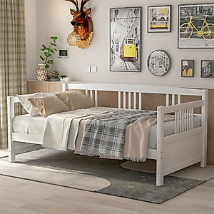 Merax Wood Twin Daybed, Wooden Sofa Bed Guest Bed with Rails & Wood Slat Support, Dual-use Twin Size Platform Bed Frame for Living Room Bedroom, No Box Spring Needed, White