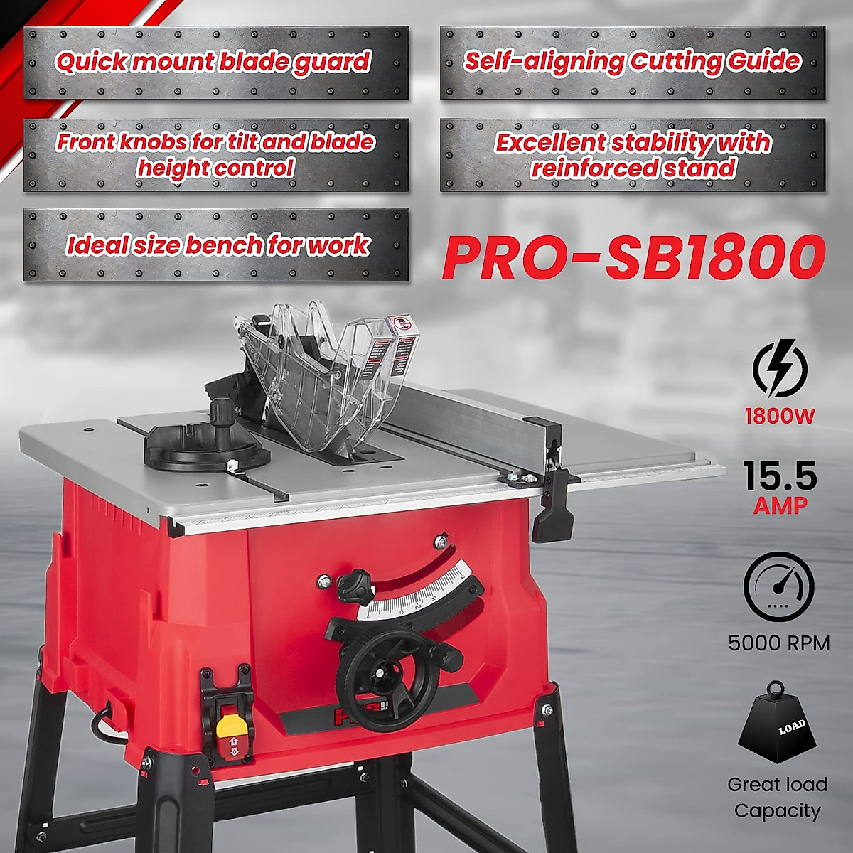 PROMAKER Table Saw, 10-inch 15.5-Amp 5000RPM 1800W, Benchtop Table Saw, from 0-45º up to 0º-90º Bevel cut. Table saw 10 inch with metal stand for woodworking including a Saw Blade. PRO-SB1800