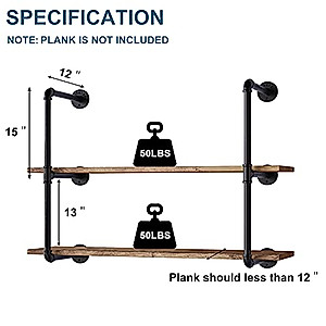 2 Tier Industrial Shelves Brackets, Wall Mount Iron Pipe Shelves, Pipe Floating Shelves for DIY Open Bookshelf Office Kitchen Home Bar (Plank Not Included) (2-Tier)