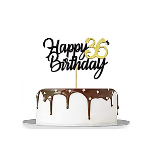 Happy 36th Birthday Cake Toppers Glitter 36th Anniversary Cake Topper 36 Years Loved Bday Decorations 36 Gold Birthday Cake Decorations Thirty-six Party Supplies for Women Men(Black Gold)