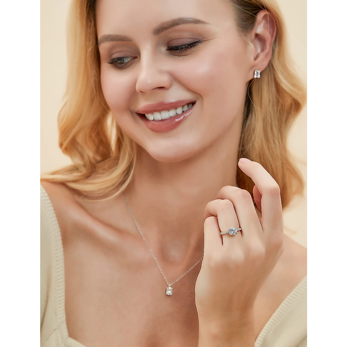 EAMTI 925 Sterling Silver 1.25 CT Yellow Gold Round Solitaire CZ Engagement Ring Halo Promise Wedding Ring Size 6