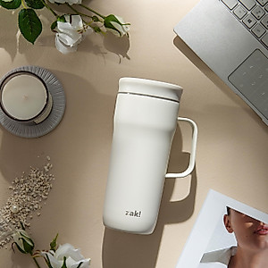 Zak Designs Harmony Tumbler for Travel or At Home, 20oz Recycled Stainless Steel is Splash-Proof and Vacuum Insulated with Slide Lid and Handle (Cream White)