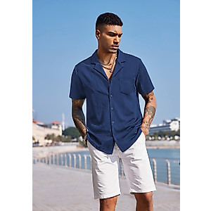COOFANDY Men's Wrinkle Free Button Down Shirt Short Sleeve Business Casual Untucked Shirts Lightweight Stretch Shirt Navy Blue
