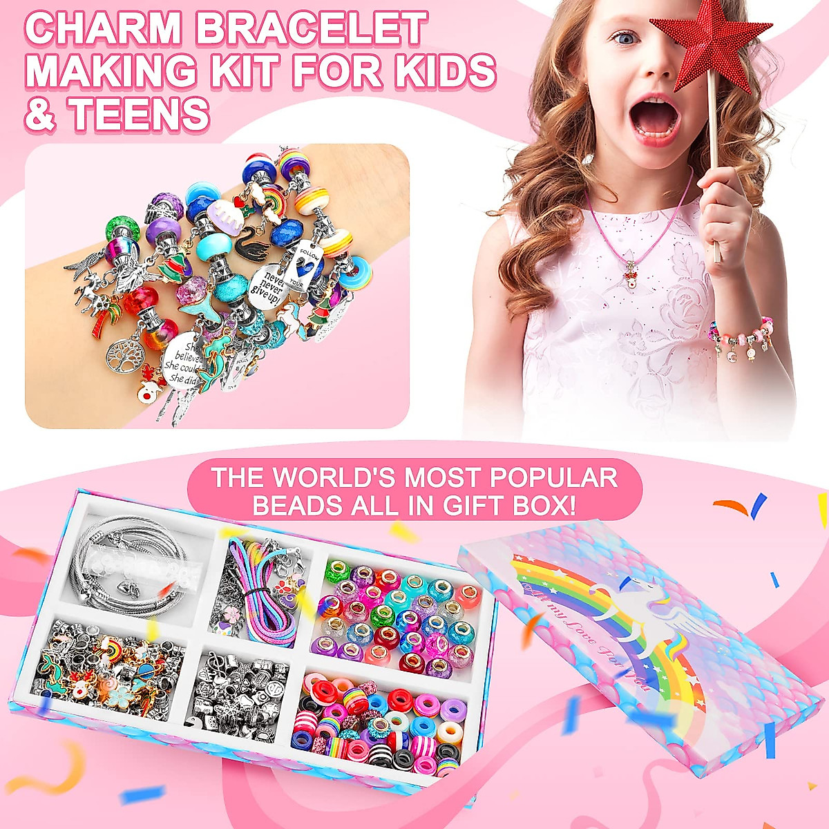 Daplibo 2024 Newest 150 Pcs Charm Bracelet Making Kit, Kids Jewelry Making Kit for Girls Toys, DIY Crystal Bracelet Set for Girls Birthday Gifts, Cool Arts and Crafts for Kids Girls Ages 6 7 8-12