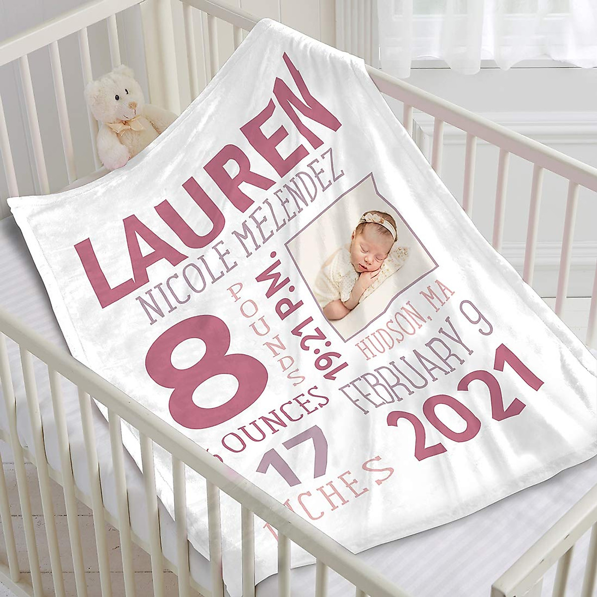 Yeh Gift Personalized Baby Photo Newborn Blanket with Birth Information for Girls & Boys. Customized Blanket from Baby's Name, Date, Weight for New Born, Dad Mom Grandparents (Pink)