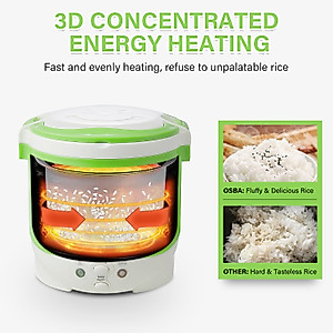 OSBA Mini Rice Cooker, 1L Travel Rice Cooker Small 12V For Car, Cooking For Soup Porridge and Rice, Cooking Heating and Keeping Warm Function(Green)