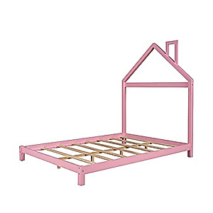 LostCat Full Size Wood Platform Bed with House-Shaped Headboard, Floor Bed with Solid Wood Slats, Full Size Kids House Platform Bed Wood Bed Frames for Boys,Girls, No Box Spring Needed, Pink