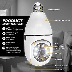 Dot Com Wireless Light Bulb Security Camera - WiFi, Easy to Install, App Controlled Light Socket Security Camera - with Motion Detector, 360 View, 1080P HD, Remote Voice Intercom - Water Resistant