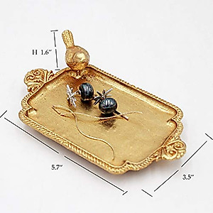 Funly mee Antique Trinket Dish Vintage Golden Metal Jewelry Tray with Bird, Ring Holder