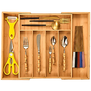 MASS DYNAMIC Expandable Bamboo Drawer Organizer for Silverware, Adjustable Cutlery Tray, Wood Drawer Dividers Flatware Organizer for Kitchen Utensils Holder, Garage Tools and Stationary Holder