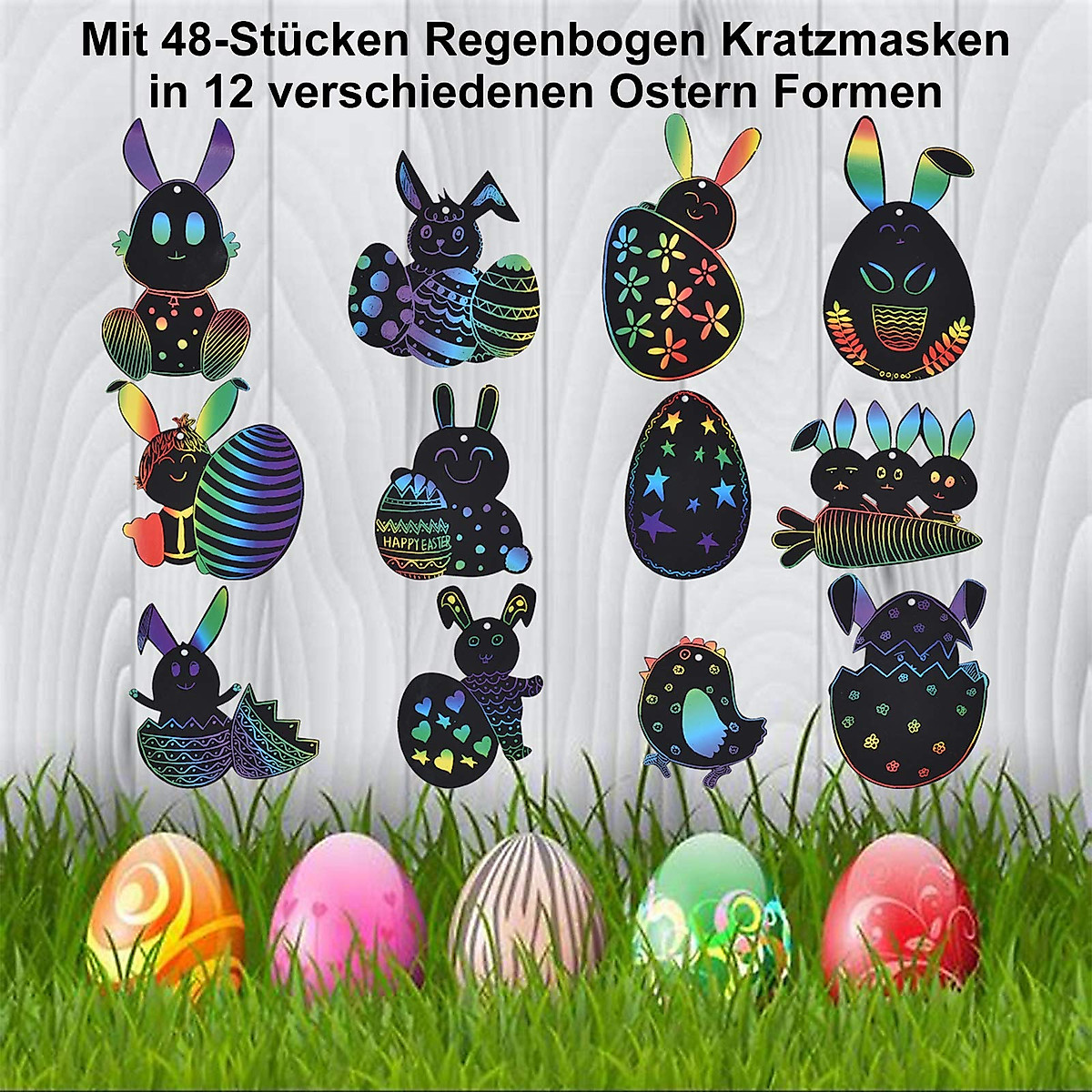 [48+48+12], Linkbro Easter Scratch Crafts Art Kit, Colorful Rainbow Scratch Paper Card, Easter Egg Bunny Chick Shape with Ribbons Wooden Scratch Tools abd Envelopes for Easter Party Egg Hunt Game
