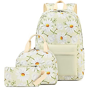 LEDAOU Backpack for Girls School Bag Kids Bookbag Teen Backpack Set Daypack with Lunch Bag and Pencil Case (White Daisy)