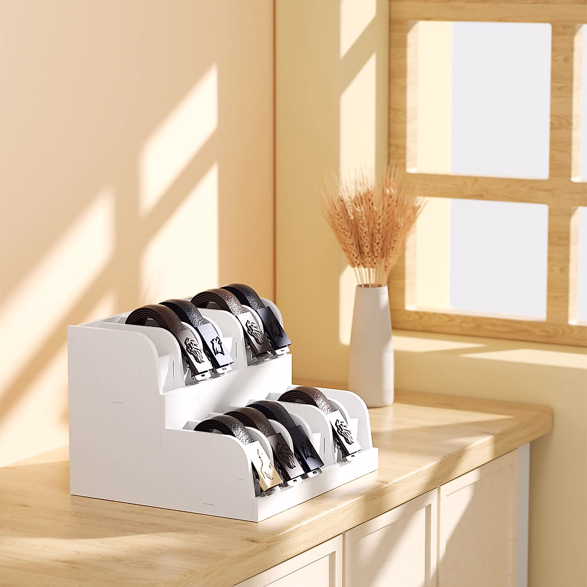 QI XING Belt Organizer,12 Grids Belt Rack, Belt/Tie Organizer Drawer, Belt Storage holder for Closet, Belt Storage Organizer and Displayer for Men Women (White)