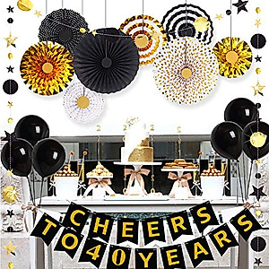 40th Birthday Decorations, 40th Birthday Decorations for Men Women, Cheers to 40 Years Banner Gold Black Party Paper Fan Star Circle Garland for 40th Anniversary 40 Years Old Party Supplies