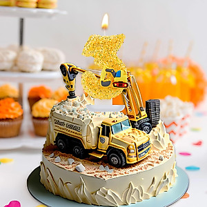 Construction Birthday Candles, Glitter Number Candles for Cake Decorations Yellow Sequined Truck Themed Cupcake Topper for Boys Birthday Party Supplies (Number 3)