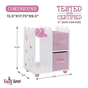 Emily Rose Doll Furniture | USA Business | 18 Inch Doll Clothes Closet Accessory - Wooden Doll Accessories Toy Playsets | 5 Free Wooden 18" Doll Hangers and 2 Large Storage Bins - Butterfly