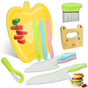 TinyHalo 11 Pcs Wooden Kids Kitchen Knife, Kids Knife Set with Cutting Board Fruit Vegetable Crinkle Cutters Serrated Edges Plastic Toddler Knifes for Real Cooking Kid Safe Knives…