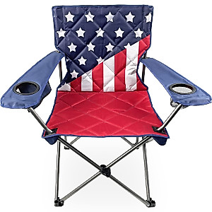 Black Sierra XL Patriotic USA American Flag Camping Chair, Oversize Foldable Outdoor Chair w/Padding & 2 Cupholders, Heavy Duty Lawn Chair Supports 300 lbs for Camping, Beach, RV, Patio, Sports