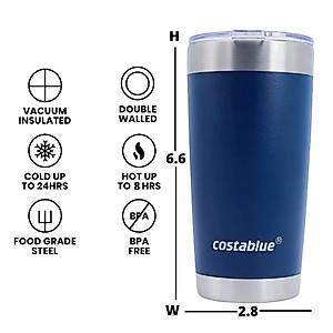 costablue Travel Coffee Mug - 20 Oz. Stainless Steel Insulated Coffee Mug, Leak Proof Tumbler w/Dishwasher Safe Lid, Double Wall Travel Coffee Cup, Reusable Insulated Tumbler for Hot & Cold Beverages