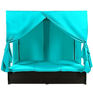 77.2" L Outdoor Patio Wicker Sunbed with Cushions and Curtains, Outdoor Double Padded Daybed with Adjustable Seats, Rattan Conversation Seating Group for Lawn, Poolside, Deck, Blue