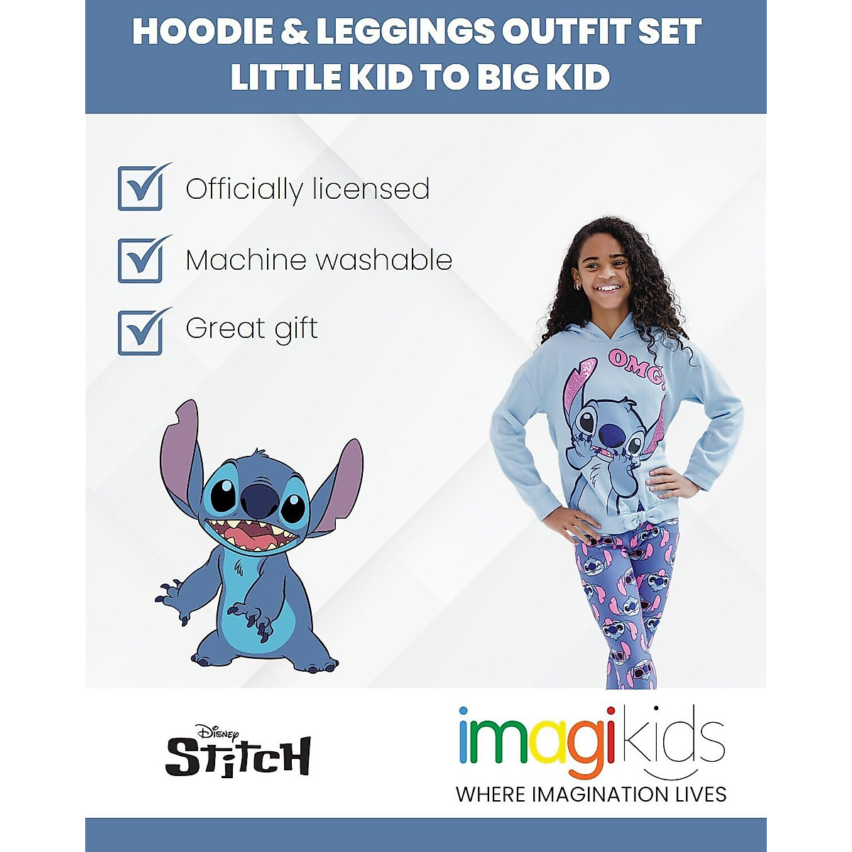 Disney Lilo & Stitch Little Girls Pullover FleeceHoodie and Leggings Outfit Set Blue 7-8