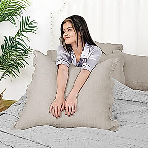 PHF 100% Linen Euro Sham With Ruffle, 26" X 26", Set of 2, No Insert, Washed Soft French Flax Throw Pillow Covers, Ultra Breathable Durable Comfy Shams for Bed Couch Sofa