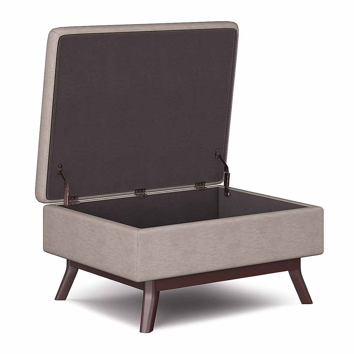SIMPLIHOME Owen 34 inch Wide Mid Century Modern Rectangle Coffee Table Storage Ottoman in Natural Linen Look Fabric, Assembled, for the Living Room, Entryway and Family Room