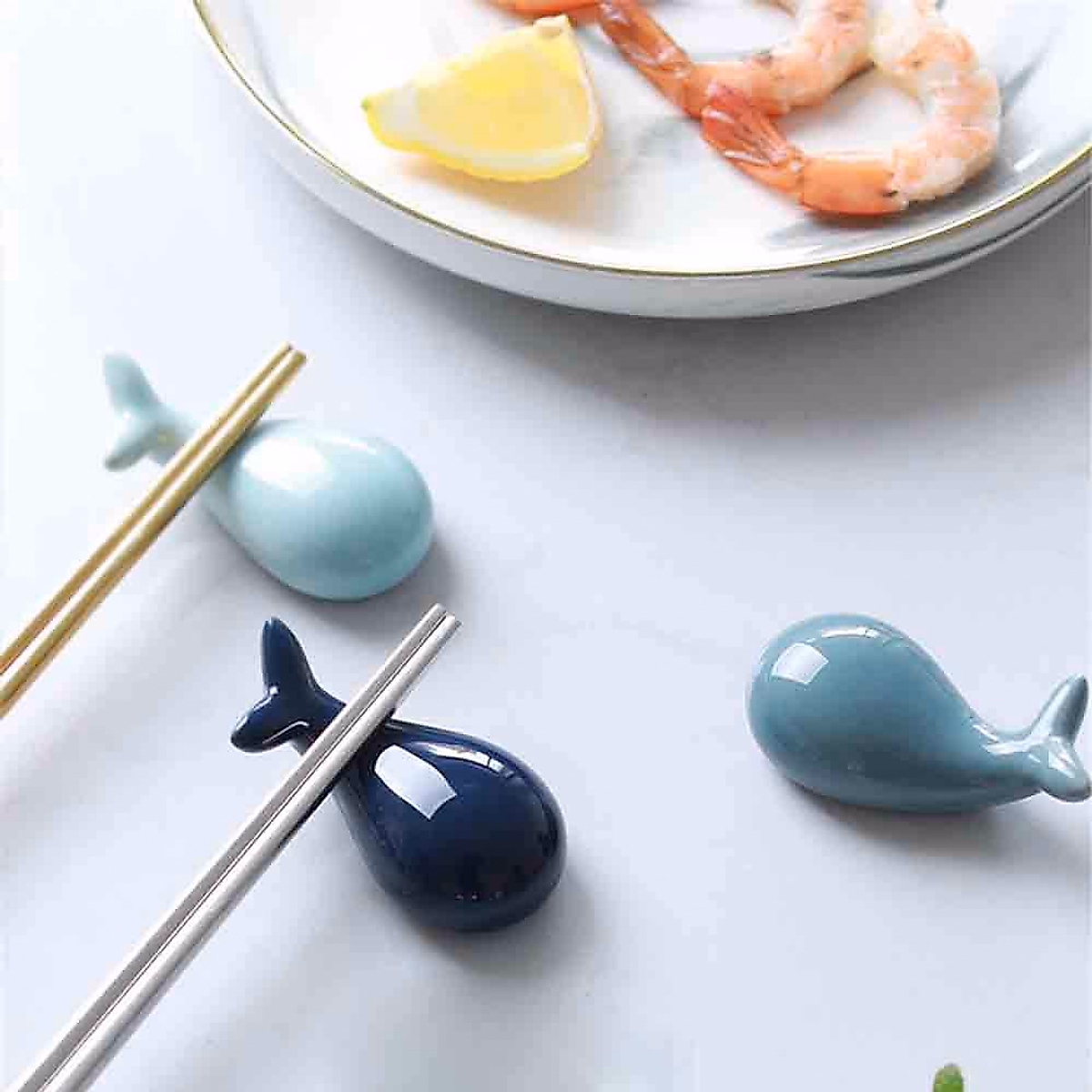 ORYOUGO Set of 4 Blue Whale Ceramic Chopstick Holder Creative Animal Chopstick Rest Spoon Fork Knife Rack Table Decors