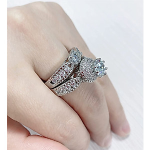 KUYIUIF 2 Pcs Retro Luxury Ring Set 925 Sterling Silver Shiny Full Diamond AAA Cubic Zirconia Solitaire Rings CZ Diamond Ring Set Eternity Engagement Wedding Band Set (7)