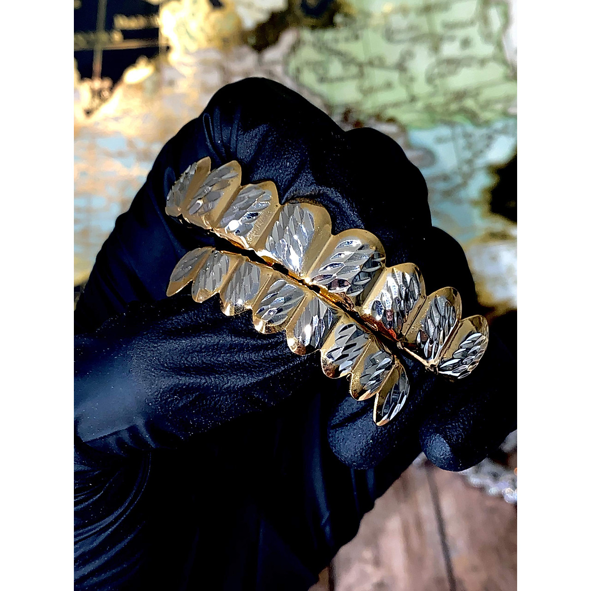 Shop-iGold 18k Gold Silver Two Tone Plated Cluster Custom Slugs Fangs Top Bottom Diamond Cut Grillz Mouth Teeth Grills Set - Grillz, Teeth Cap