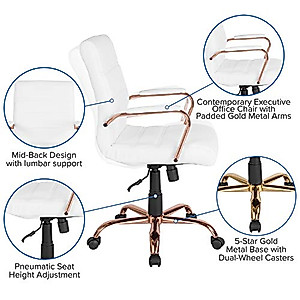 Flash Furniture Whitney Mid-Back Desk Chair - White LeatherSoft Executive Swivel Office Chair with Rose Gold Frame - Swivel Arm Chair