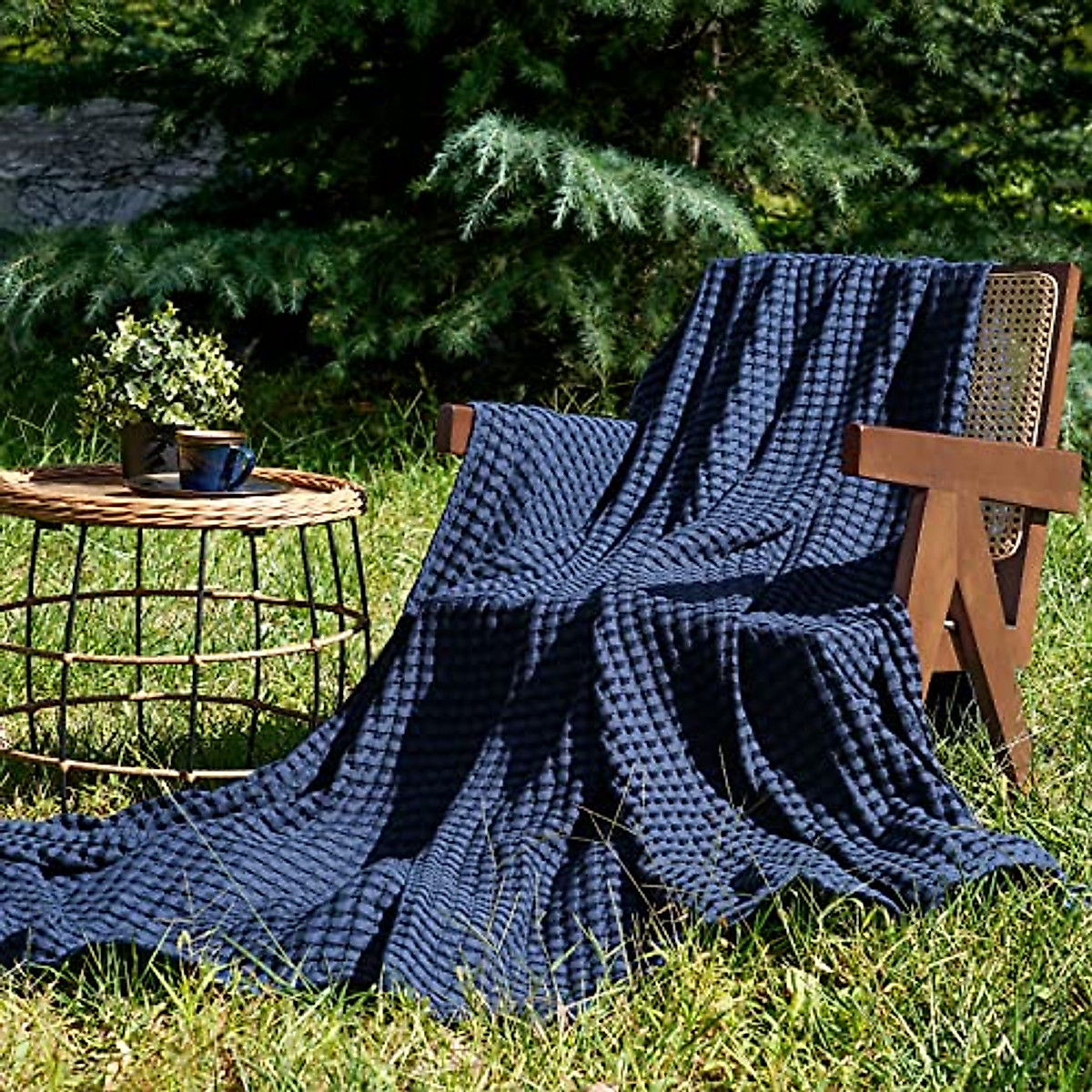 PHF Cooling Waffle Blanket, Queen Size, Lightweight, 60% Rayon from Bamboo & 40% Cotton, Breathable, Ultra Soft & Luxury, 90"x90", Blue
