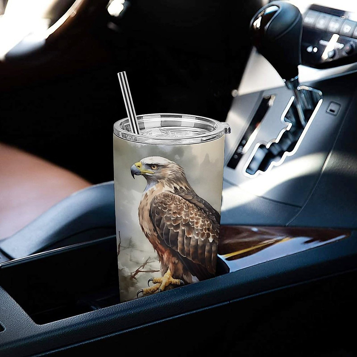 20 Oz Tumbler With Straw Leak Proof Thermos Cup, Watercolor Of Hawk Sitting In The Tree Stainless Steel Insulated Travel Coffee Mug Fit for Car Cup Holder