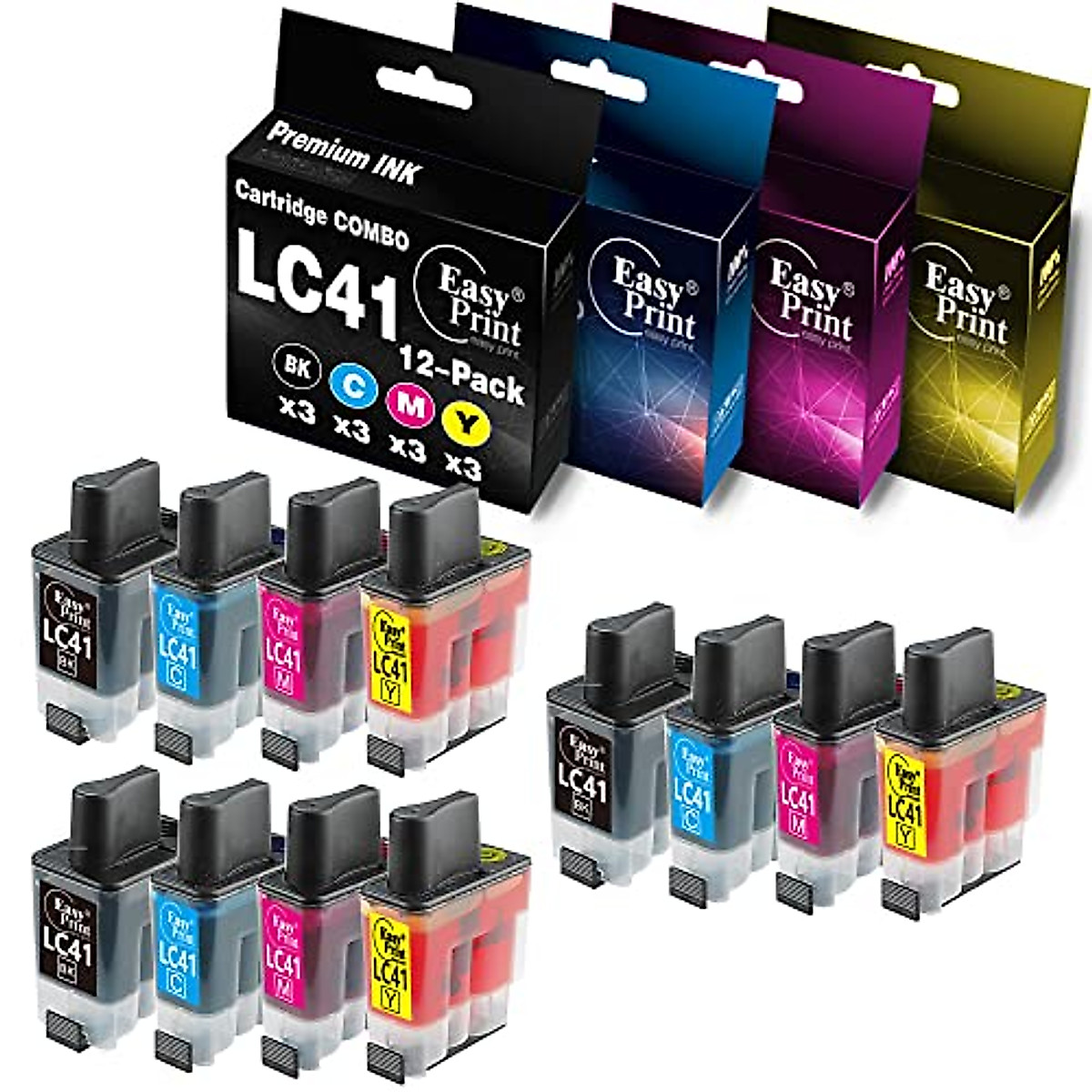 EASYPRINT Compatible (3xSet, 3xBCMY) LC41 Ink Cartridge for Brother IntelliFax 1840c, 2440c; MFC-3340CN, 210C, 215C, 420cn, 425CN, 5440CN, 620CN, 640CW, 820cw; DCP-110C, 115C, 120C, (Total 12-Pack)