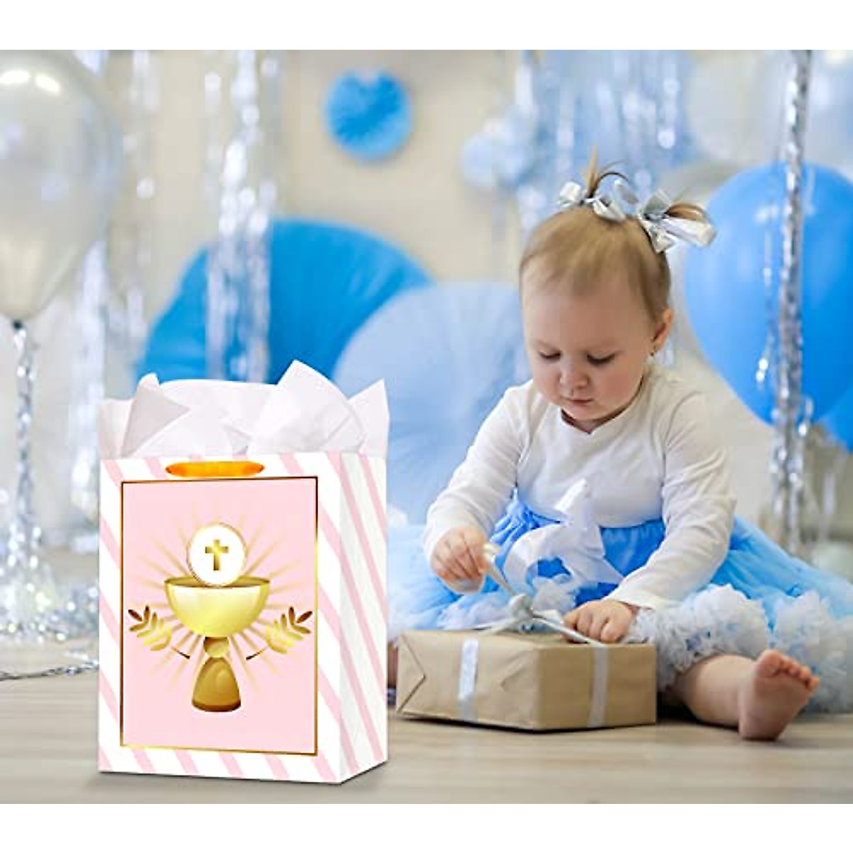 FaCraft First Communion Gift Bag for Kids Boys Girl 11" Baptism Gifts Bag with Handle Large Gift Bag with Tissue Paper for Christian Christenings Confirmations Religious Cross Gift Bags for Girl Boy