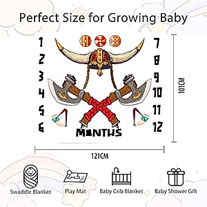 Viking Baby Monthly Milestone Blanket, 48x40in Soft Flannel, Helmet Ax Bone, Newborn Mom Gifts, Baby Shower Age Growth Tracker with Bonus Maker BTXFSS47