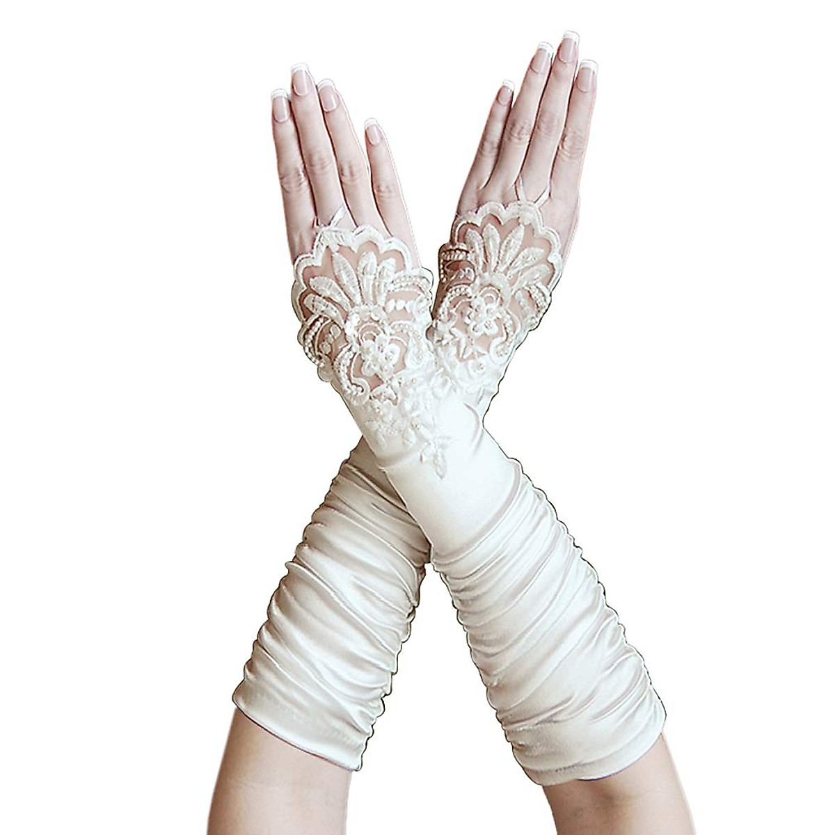 ZAZA BRIDAL Gathered Satin Fingerless Gloves w/Floral Embroidery Lace & Sequins-Ivory