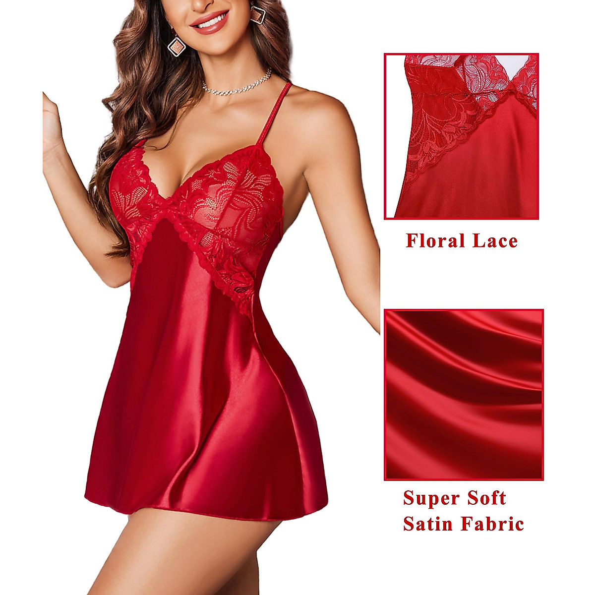 Avidlove Christmas Lingerie for Women Nightgown Sleepwear Satin Pajamas Sexy Babydoll V Neck Teddy Strap Chemise M, Red