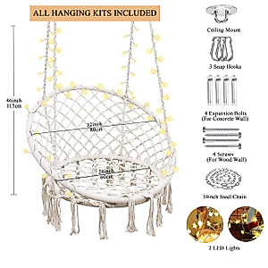 Hanging Chair for Bedroom Hammock Chair Swing with Lights and Hardware Kits Holds Up to 550Lbs Macrame Swing Chair Hanging Cotton Rope Swing Chair for Bedroom, Patio, Deck, Garden and Porch-KASHAN