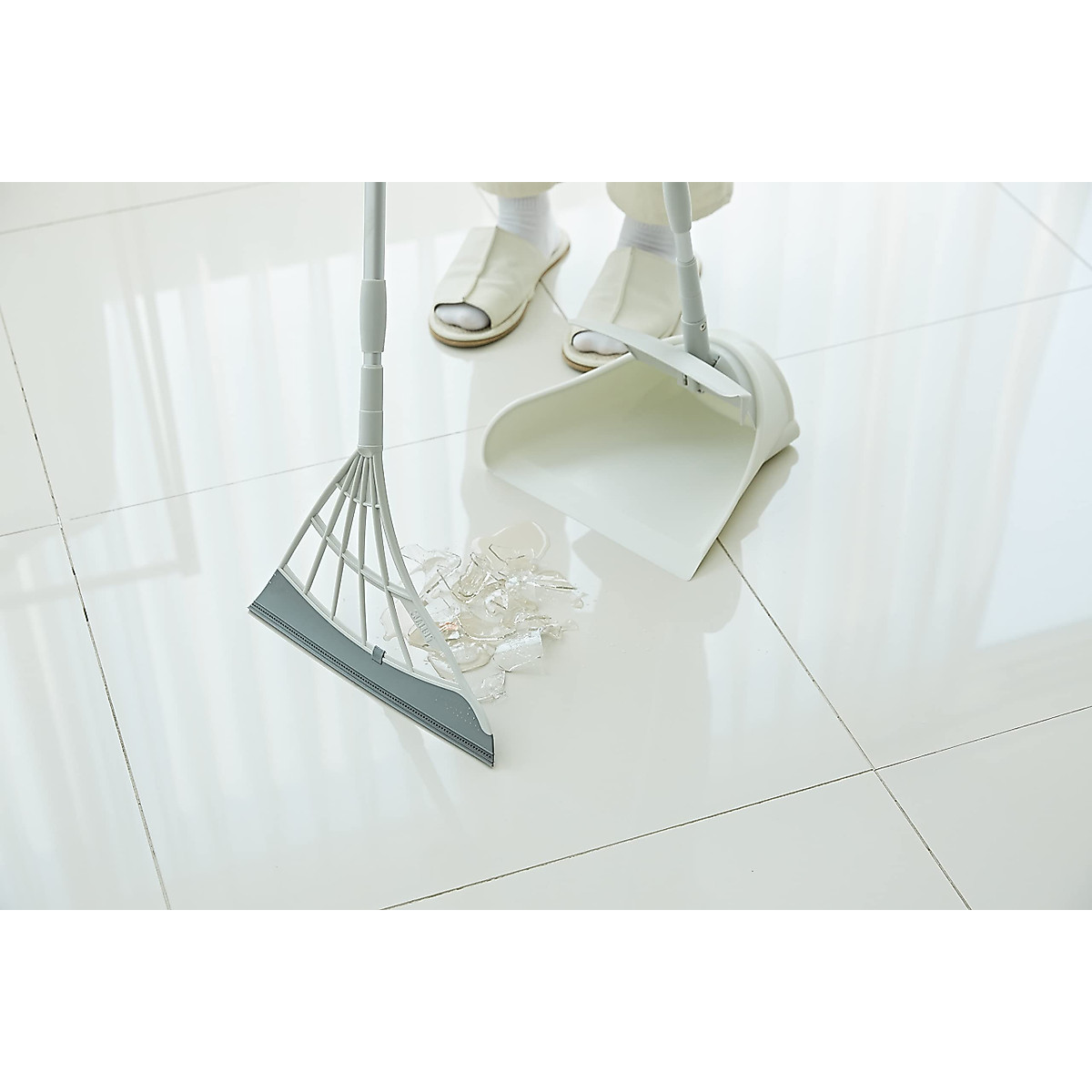 Broombi and Dustpan Set - All-Surface Silicone Broom & Squeegee for Indoor Cleaning - Sweeps Glass, Dust, Removes Pet Hair, Liquids - Smooth Floors, Rugs, Windows - One-Click Smart Dustpan (Grey)