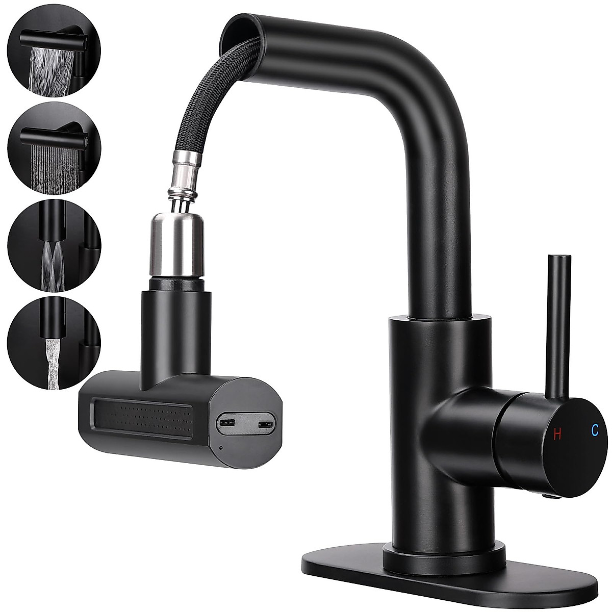 Bathroom Faucet 4 in 1, Faucet for Bathroom with Pull Down Sprayer, Matte Black Bathroom Sink Faucet for 1 or 3 Holes