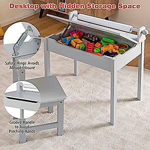 INFANS Kids Table and Chair Set with Paper Roll, Wooden Lift-top Desk for Toddler Writing Drawing Reading Craft Art, Children Furniture Activity Table Set for Nursery Daycare Playroom (Grey)