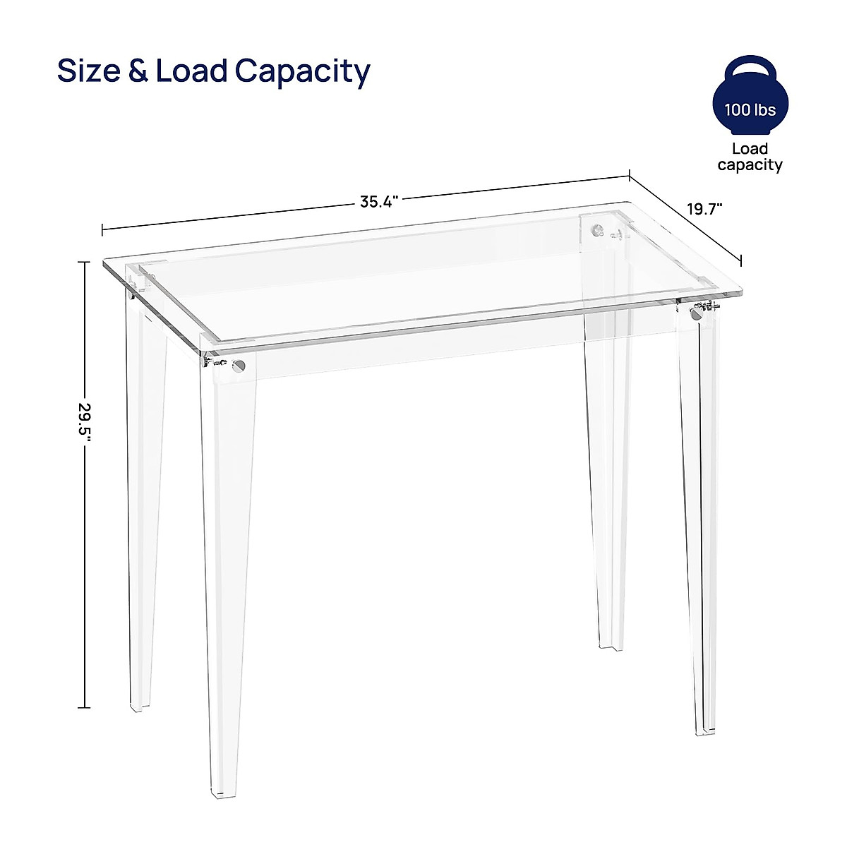HMYHUM Small Acrylic Computer Desk, 35.4 Inch, Clear Study Desk for Home Office, Writing, Vanity, Modern, Easy Assembly, 19.7" W x 29.5" H, Right-Angle Legs Design