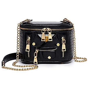 QZUnique Motorcycle Jacket Shoulderbag PU Leather Handbag Punk Style Crossbody Bag Rivet Purse Lapel Collar Bag with Chain Black