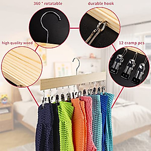 2 Pack Legging Organizer for Closet, Wooden Pants Hangers Leggings Hanger Space Saving with 24 Rubber Coated Clips, Multi Purpose Clothes Storage Organizer for Skirts Shorts Trouser Jeans, Natural