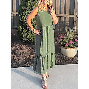 ANRABESS Women Summer Casual Sleeveless Crewneck Sundress Aline Flowy Tiered Maxi Long Beach Dress Vacation Outfits Large Green