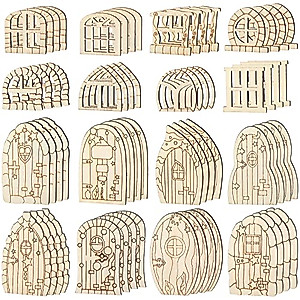 64 Pcs Fairy Door Mini Wooden Garden Doors Unfinished DIY Craft Fairy House Kit Unpainted Wood Miniature Door Blank Fairy House Doors and Windows for Home Office Wedding Party Decoration Accessories