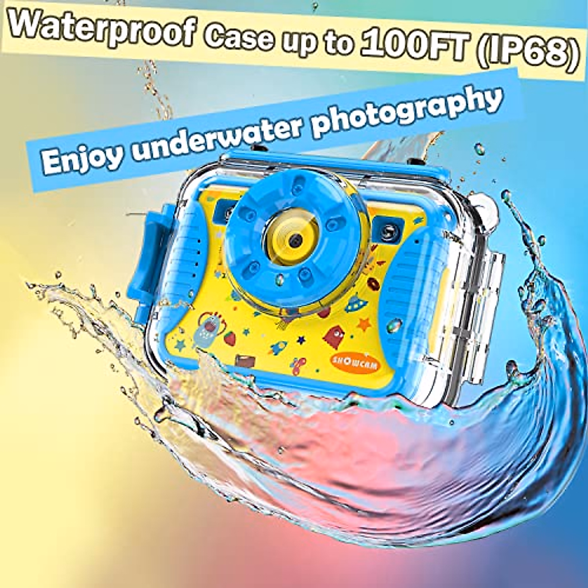 SHOWCAM Kids Waterproof Camera Best Gift for Children with Video, Underwater Child Cam for Boy Age 3,4,5,6+, Selfie Supported 1080P 8MP 2.4 Inch Large Screen, 16GB, Silicon Handle - Blue