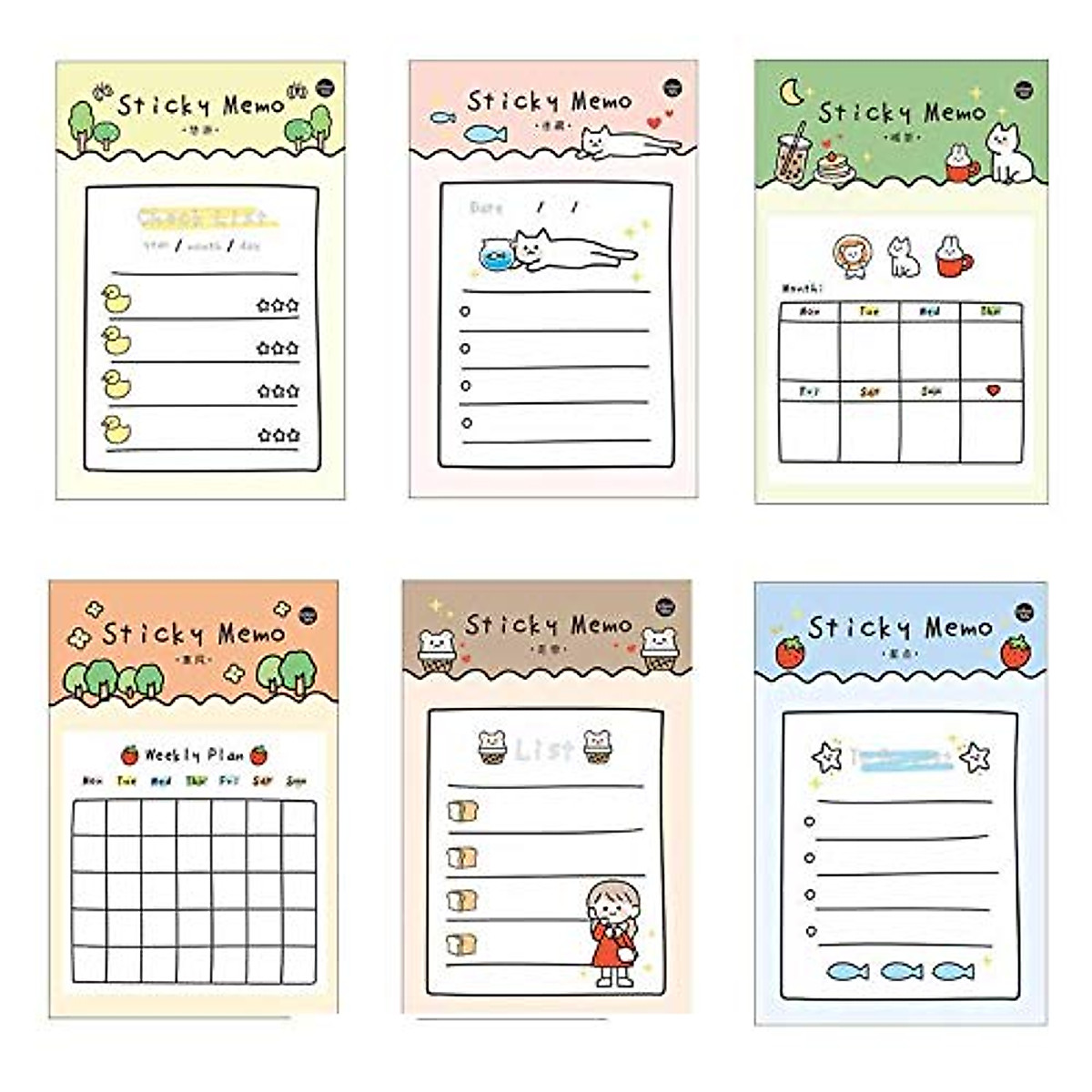 DzdzCrafts Cat Weekly Daily Monthly Planner Check List 6-Packs 180 Sheets 3.4" x 5.2" Sticky Notes Notepads Self-Stick Memo Pads